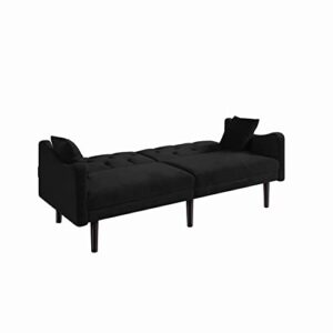 EMKK Futon Sofa Sleeper Velvet with 2 Pillows,Adjustable Backrest Loveseat,Upholstered 2-Seater Couch Convertible Sofá Bed for Living Room, Small Space, Apartment, Dorm, Office, Black 72.8”