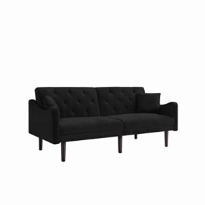 EMKK Futon Sofa Sleeper Velvet with 2 Pillows,Adjustable Backrest Loveseat,Upholstered 2-Seater Couch Convertible Sofá Bed for Living Room, Small Space, Apartment, Dorm, Office, Black 72.8”