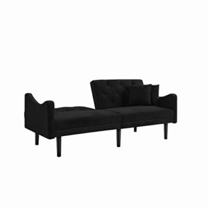 EMKK Futon Sofa Sleeper Velvet with 2 Pillows,Adjustable Backrest Loveseat,Upholstered 2-Seater Couch Convertible Sofá Bed for Living Room, Small Space, Apartment, Dorm, Office, Black 72.8”