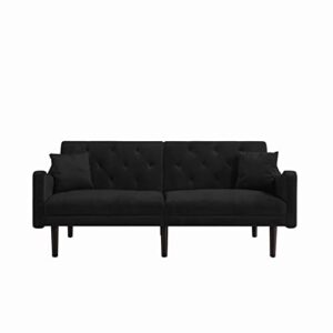 EMKK Futon Sofa Sleeper Velvet with 2 Pillows,Adjustable Backrest Loveseat,Upholstered 2-Seater Couch Convertible Sofá Bed for Living Room, Small Space, Apartment, Dorm, Office, Black 72.8”