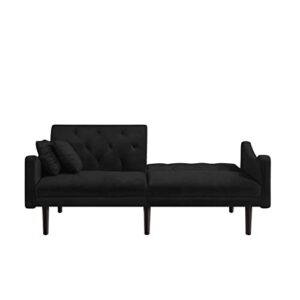 EMKK Futon Sofa Sleeper Velvet with 2 Pillows,Adjustable Backrest Loveseat,Upholstered 2-Seater Couch Convertible Sofá Bed for Living Room, Small Space, Apartment, Dorm, Office, Black 72.8”