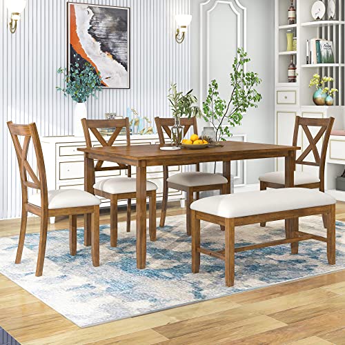 P PURLOVE 6 Piece Dining Table Set, Wood Rectangular Kitchen Table and 4 Cushion Dining Chairs and 1 Cushion Bench, Family Furniture for 6 Persons, Natural Cherry