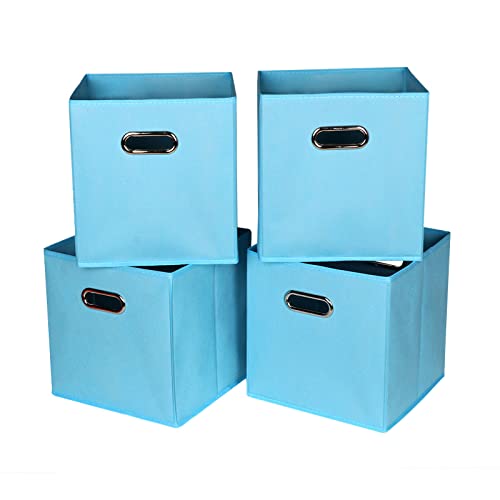 Yunkeeper 11 Inch Cube Storage Bins,Black Fabric Cubes Organizer Baskets with Handle, Foldable Basket for Closet or Collapsible Storage Box, 11x11x11 Set of 4 (Blue)