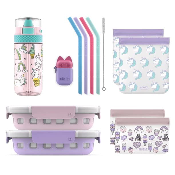 Ello Kids Lunch Box, Straws , Zip Bag and Water Bottle Lunch Pack Set 13-Piece - Lilac (6505599951)