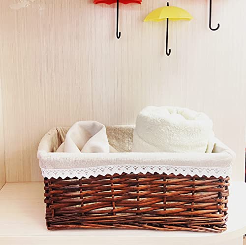 Handmade Wicker Storage Baskets Set, Shelf Baskets Woven Decorative Storage Bins Baskets Organizing Baskets, Nesting Baskets with Linings for Home (Brown)