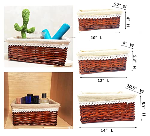 Handmade Wicker Storage Baskets Set, Shelf Baskets Woven Decorative Storage Bins Baskets Organizing Baskets, Nesting Baskets with Linings for Home (Brown)