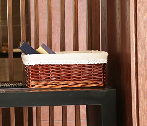 Handmade Wicker Storage Baskets Set, Shelf Baskets Woven Decorative Storage Bins Baskets Organizing Baskets, Nesting Baskets with Linings for Home (Brown)