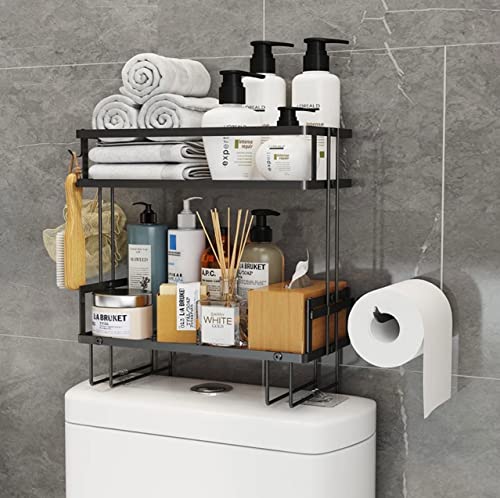 HAZYJT Over The Toilet Storage Bathroom Shelf, 2 Tier Organizer with Paper Holder, Shelves Hooks, Above Rack, No Drilling Wall Mounting Space Saver Black