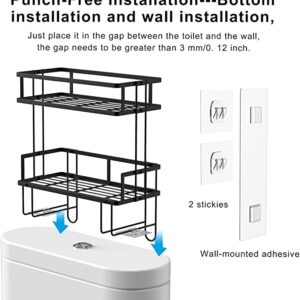 HAZYJT Over The Toilet Storage Bathroom Shelf, 2 Tier Organizer with Paper Holder, Shelves Hooks, Above Rack, No Drilling Wall Mounting Space Saver Black