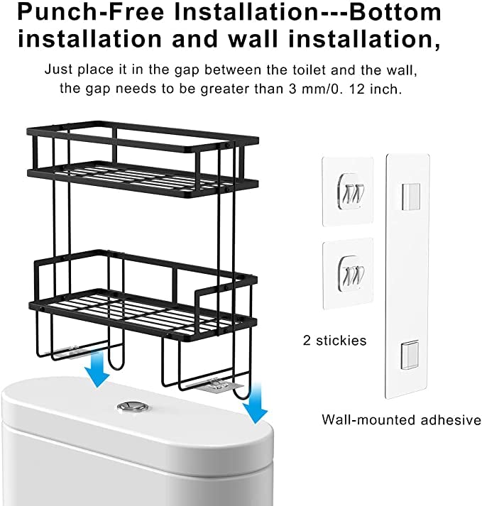 HAZYJT Over The Toilet Storage Bathroom Shelf, 2 Tier Organizer with Paper Holder, Shelves Hooks, Above Rack, No Drilling Wall Mounting Space Saver Black