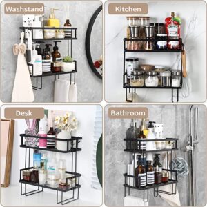 HAZYJT Over The Toilet Storage Bathroom Shelf, 2 Tier Organizer with Paper Holder, Shelves Hooks, Above Rack, No Drilling Wall Mounting Space Saver Black