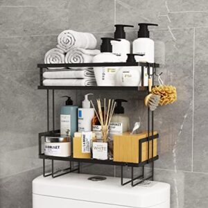 HAZYJT Over The Toilet Storage Bathroom Shelf, 2 Tier Organizer with Paper Holder, Shelves Hooks, Above Rack, No Drilling Wall Mounting Space Saver Black