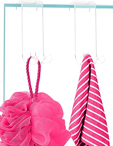 My Space Organizers Acrylic Shower Hooks (2 Pack) Razor Holder to Hang Towel Loofah Washcloth Hook, for Use On Bathroom Frameless Glass Shower Door