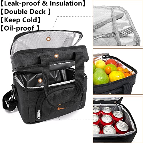 JTJ Lunch Box Women Men,Double Deck Reusable Lunch Bags With Adjustment Shoulder Strap Oil-proof Leakproof Insulated Cooler Bag