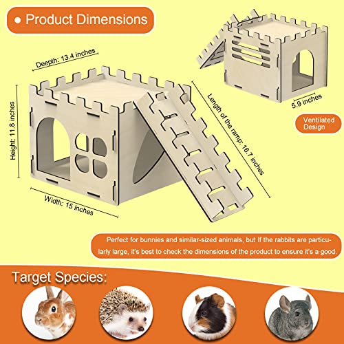 HIIMALEX Extra Large Sturdy Bunny Castle Hideout for Indoor Rabbits Play House with Stairs Round Edges Detachable Habitats for Rabbit Guinea Pig Chinchilla Hedgehog (Classic Castle with Ramp)