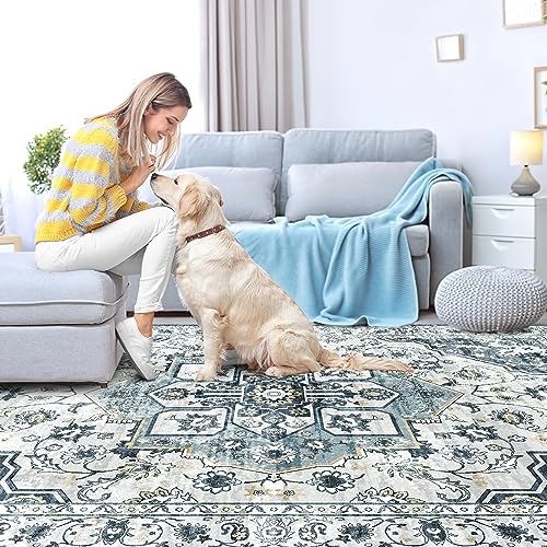 OIGAE Washable Rug 5x7, Persian Distressed Area Rugs with Non-Slip Backing Non-Shedding Floor Mat Throw Carpet for Living Room Bedroom Kitchen Laundry Home Office, Blue