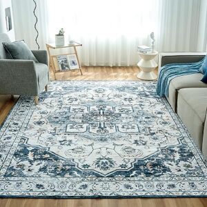 OIGAE Washable Rug 5x7, Persian Distressed Area Rugs with Non-Slip Backing Non-Shedding Floor Mat Throw Carpet for Living Room Bedroom Kitchen Laundry Home Office, Blue