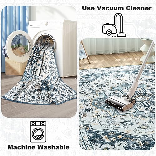 OIGAE Washable Rug 5x7, Persian Distressed Area Rugs with Non-Slip Backing Non-Shedding Floor Mat Throw Carpet for Living Room Bedroom Kitchen Laundry Home Office, Blue