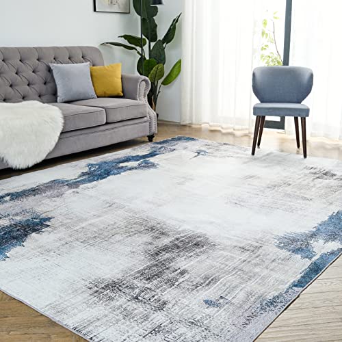 OIGAE Washable Rug 5x7, Abstract Modern Area Rugs with Non-Slip Backing Non-Shedding Floor Mat Throw Carpet for Living Room Bedroom Kitchen Laundry Home Office, White/Blue