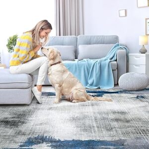 OIGAE Washable Rug 5x7, Abstract Modern Area Rugs with Non-Slip Backing Non-Shedding Floor Mat Throw Carpet for Living Room Bedroom Kitchen Laundry Home Office, White/Blue