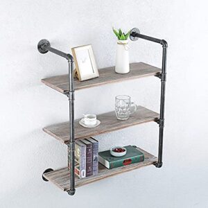 OLDRAINBOW Industrial Pipe Shelving Wall Mounted,Rustic Metal Floating Shelves,Real Wood Book Shelves,Wall Shelf Bookshelf Hanging Wall Shelves Bar Shelving (3-Layer, 30in)