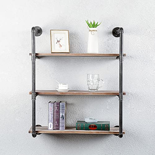 OLDRAINBOW Industrial Pipe Shelving Wall Mounted,Rustic Metal Floating Shelves,Real Wood Book Shelves,Wall Shelf Bookshelf Hanging Wall Shelves Bar Shelving (3-Layer, 30in)