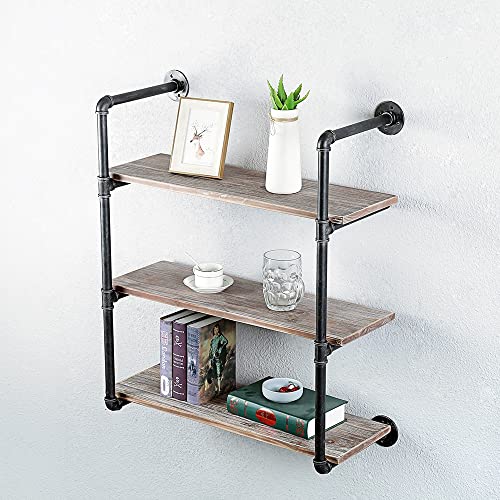 OLDRAINBOW Industrial Pipe Shelving Wall Mounted,Rustic Metal Floating Shelves,Real Wood Book Shelves,Wall Shelf Bookshelf Hanging Wall Shelves Bar Shelving (3-Layer, 30in)