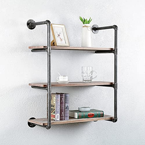 OLDRAINBOW Industrial Pipe Shelving Wall Mounted,Rustic Metal Floating Shelves,Real Wood Book Shelves,Wall Shelf Bookshelf Hanging Wall Shelves Bar Shelving (3-Layer, 30in)