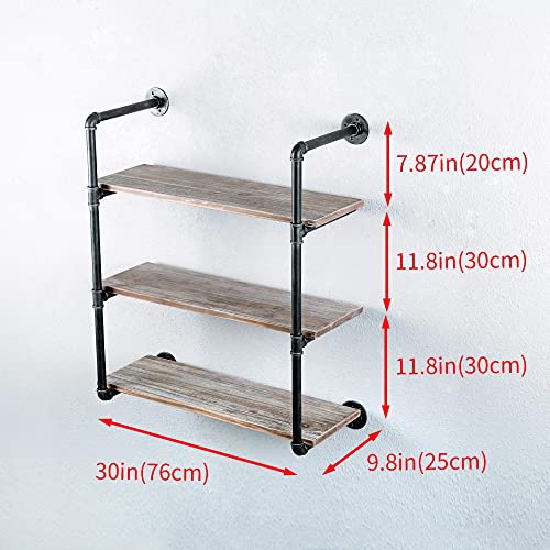 OLDRAINBOW Industrial Pipe Shelving Wall Mounted,Rustic Metal Floating Shelves,Real Wood Book Shelves,Wall Shelf Bookshelf Hanging Wall Shelves Bar Shelving (3-Layer, 30in)