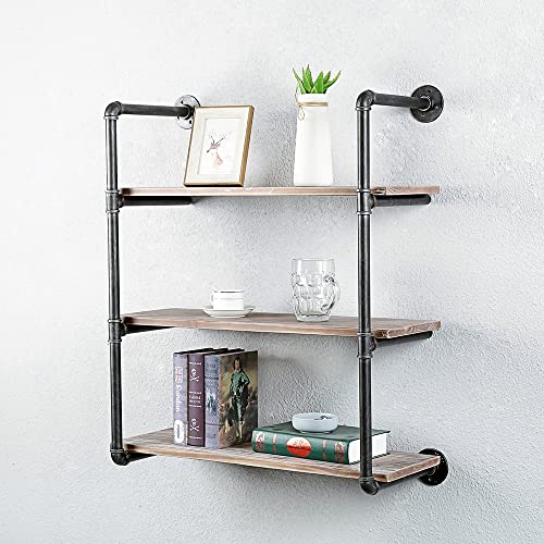 OLDRAINBOW Industrial Pipe Shelving Wall Mounted,Rustic Metal Floating Shelves,Real Wood Book Shelves,Wall Shelf Bookshelf Hanging Wall Shelves Bar Shelving (3-Layer, 30in)