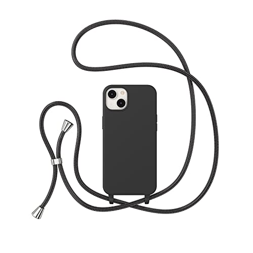 ZTOFERA Crossbody Case for iPhone 13/iPhone 14 with Lanyard Strap Adjustable Rope Liquid Silicone Soft Cover for iPhone 13/iPhone 14 6.1 inch-Black