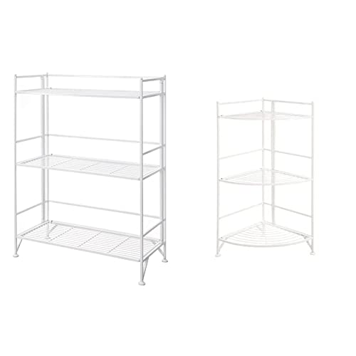 Convenience Concepts Xtra Storage 3 Tier Wide Folding Metal Shelf, White & Xtra Storage 3 Tier Corner Folding Metal Corner Shelf, White