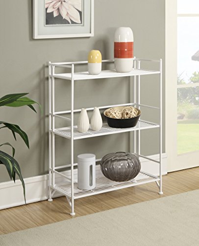 Convenience Concepts Xtra Storage 3 Tier Wide Folding Metal Shelf, White & Xtra Storage 3 Tier Corner Folding Metal Corner Shelf, White