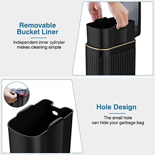 BETHEBEST Black Bathroom Trash Can with Soft Close Lid,Small Garbage can with Removable Liner Bucket for Bathroom,Bedroom,Office 10 Liter/ 2.6 Gallon