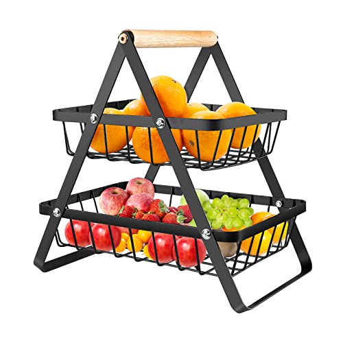 Desoxivi 2-Tier Countertop Fruit Basket, Portable Fruit Bowle Basker, Wire Fruit Bowl Bread Basket Vegetable Storage Stand for Kitchen Counter, Black