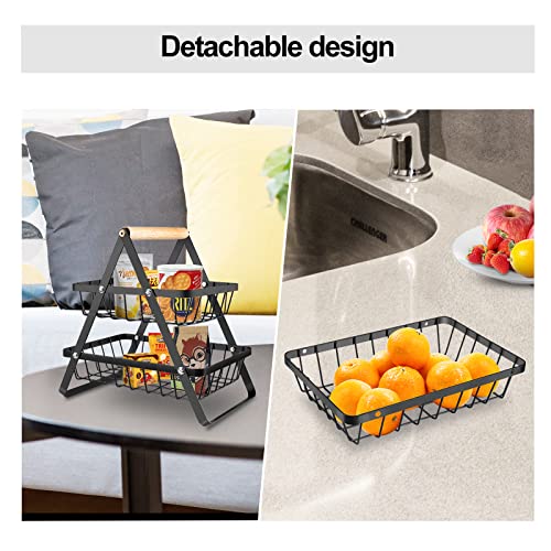 Desoxivi 2-Tier Countertop Fruit Basket, Portable Fruit Bowle Basker, Wire Fruit Bowl Bread Basket Vegetable Storage Stand for Kitchen Counter, Black