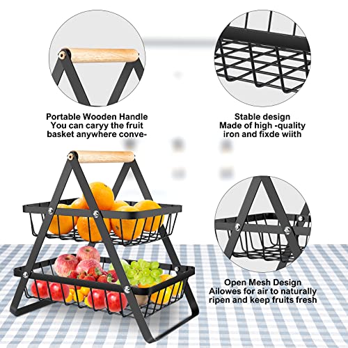 Desoxivi 2-Tier Countertop Fruit Basket, Portable Fruit Bowle Basker, Wire Fruit Bowl Bread Basket Vegetable Storage Stand for Kitchen Counter, Black