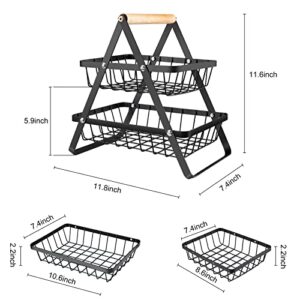 Desoxivi 2-Tier Countertop Fruit Basket, Portable Fruit Bowle Basker, Wire Fruit Bowl Bread Basket Vegetable Storage Stand for Kitchen Counter, Black