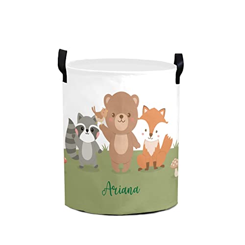 Woodland Animals Personalized Laundry Hamper Basket with Handle for Clothes Waterproof , Custom Collapsible Drawstring Basket Storage Foldable for Bathroom Toy