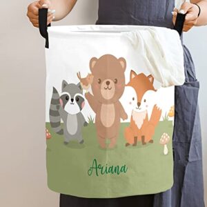 Woodland Animals Personalized Laundry Hamper Basket with Handle for Clothes Waterproof , Custom Collapsible Drawstring Basket Storage Foldable for Bathroom Toy