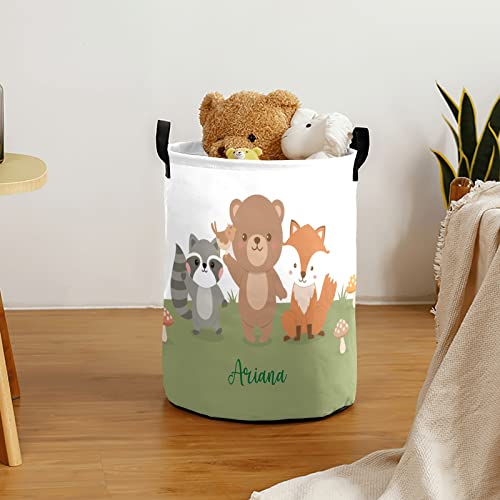 Woodland Animals Personalized Laundry Hamper Basket with Handle for Clothes Waterproof , Custom Collapsible Drawstring Basket Storage Foldable for Bathroom Toy