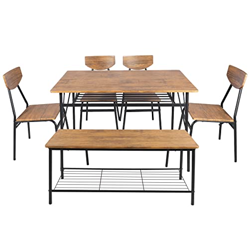 AKVOMBI Dining Table Set for 6 with Bench, Kitchen Table and Chairs Set, Dinning Room Table with Storage Racks, Rectangular Table, 4 Chairs, Steel Frame, Brown