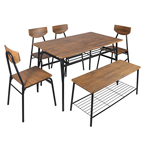 AKVOMBI Dining Table Set for 6 with Bench, Kitchen Table and Chairs Set, Dinning Room Table with Storage Racks, Rectangular Table, 4 Chairs, Steel Frame, Brown