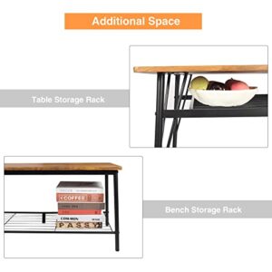 AKVOMBI Dining Table Set for 6 with Bench, Kitchen Table and Chairs Set, Dinning Room Table with Storage Racks, Rectangular Table, 4 Chairs, Steel Frame, Brown