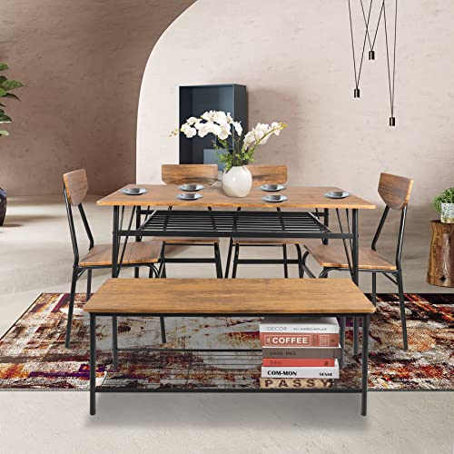 AKVOMBI Dining Table Set for 6 with Bench, Kitchen Table and Chairs Set, Dinning Room Table with Storage Racks, Rectangular Table, 4 Chairs, Steel Frame, Brown