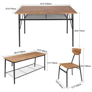 AKVOMBI Dining Table Set for 6 with Bench, Kitchen Table and Chairs Set, Dinning Room Table with Storage Racks, Rectangular Table, 4 Chairs, Steel Frame, Brown