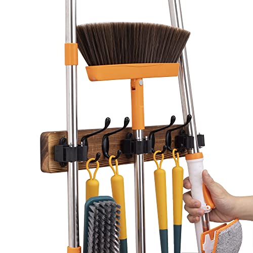 HONIZER Broom Holder Wall Mount, Larger Spacing Slot Mop and Broom Holder Wall Mount, Wood Broom Organizer Wall Mount Tool Organizer for Home, Kitchen, Garden, Garage, Laundry