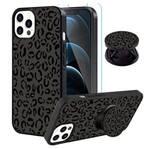 sakuulo iphone 12 pro max case, [screen protector + kickstand] black leopard cheetah design, anti-slip shockproof lightweight soft tpu bumper protective case for iphone 12 pro max 6.7 inch (2020)