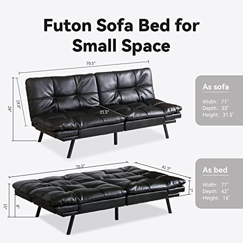 Opoiar Futon Sofa Bed Couch with Frame and Mattress,Black Faxu Memory Foam Leather Futon Split seat, Folding Modern Sleeper Sofa Love seat for Small Space/Drom/Office/Apartment