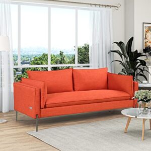 harper & bright designs linen fabric 3 seat sofa with usb charging ports, morden style upholstered 3-seat couch for living room, apartment (3 seat, orange)